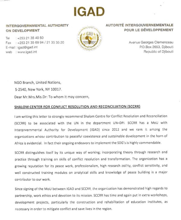 IGAD ENDORSES SHALOM- SCCRR FOR UNITED NATIONS ACCREDITATION – Shalom ...